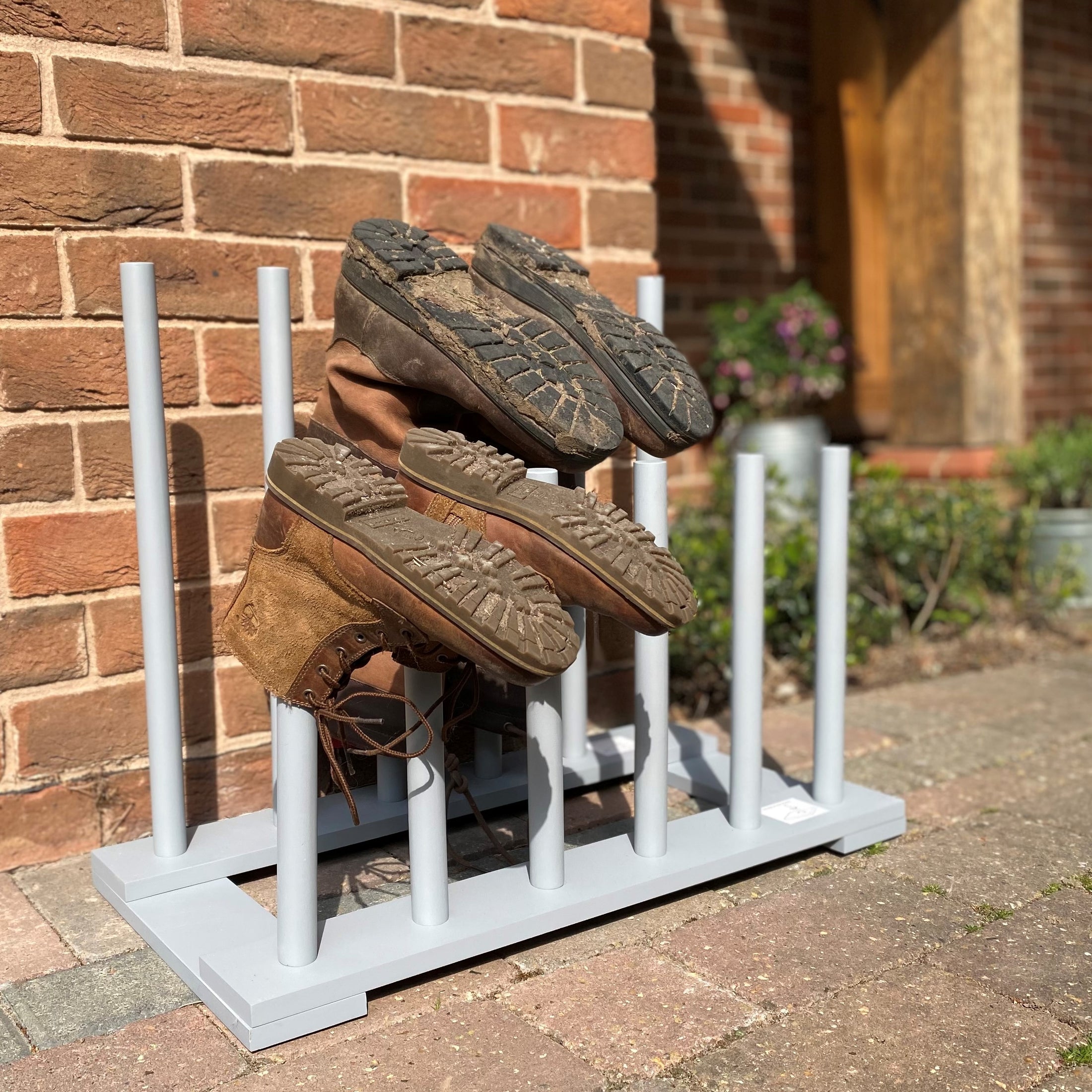 Wooden Welly Boot Rack Organiser in Light Grey with Two Cast Iron ...